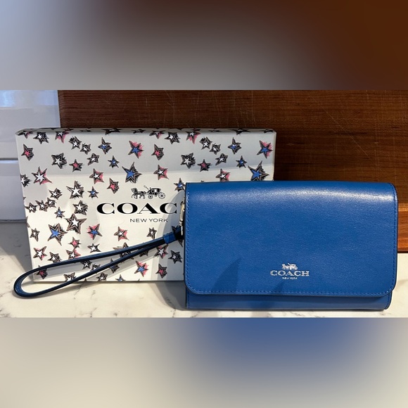 Coach | Bags | Coach Nwot Blue Leather Flap Phone Walletwristlet In ...